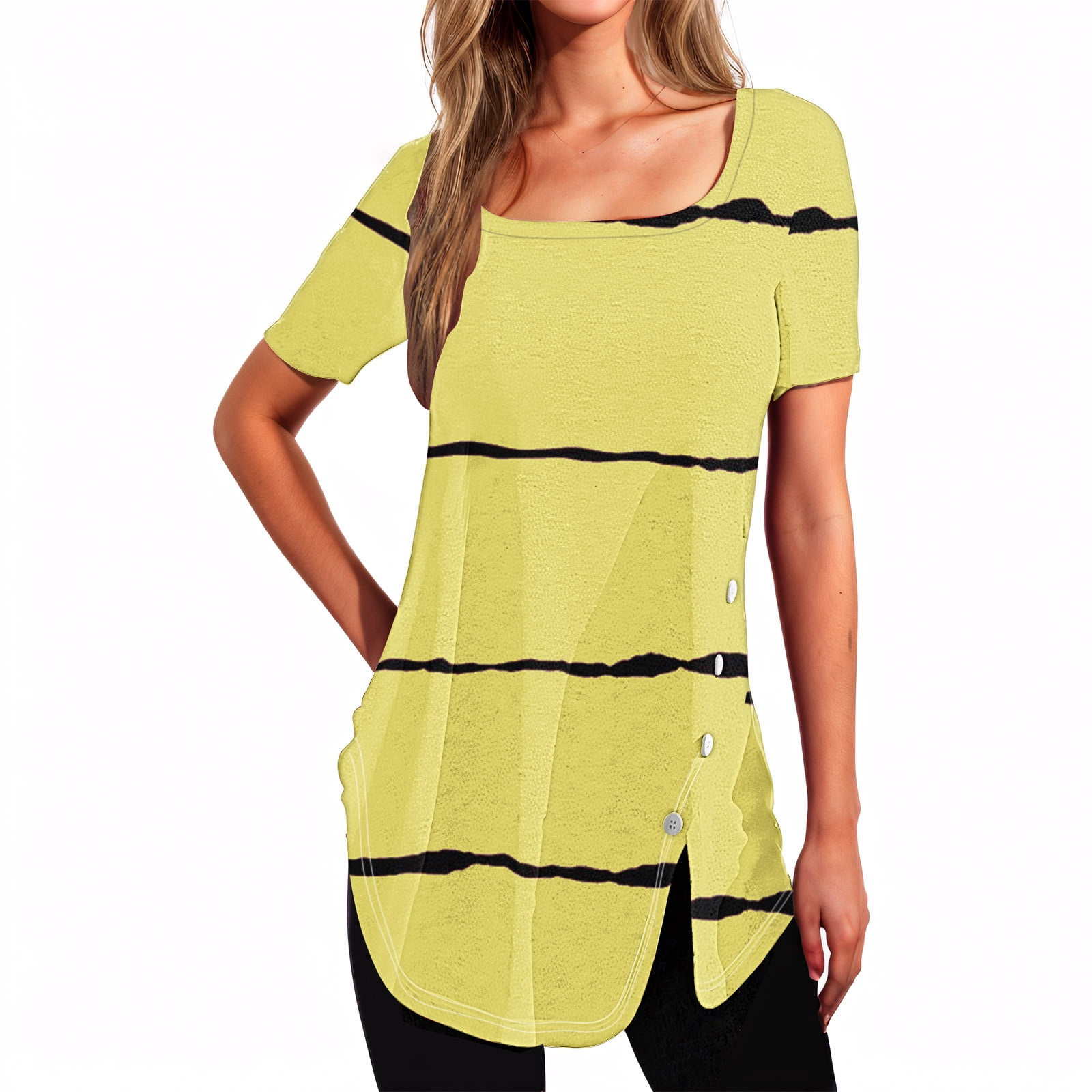 fatyb Womens Square Neck Short Sleeve Tunic Tops Casual Striped Loose ...