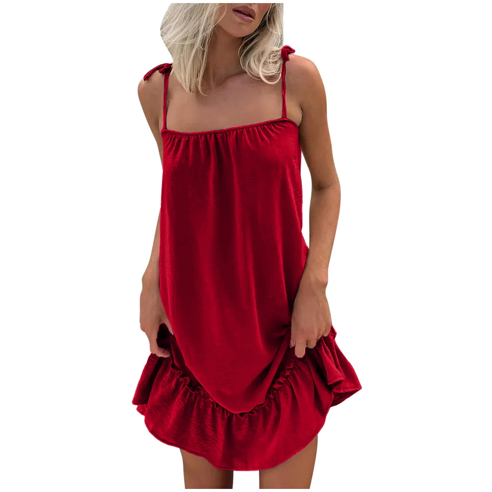 fatyb Womens Summer Dresses Tie Spaghetti Strap Mini Dresses Square ...
