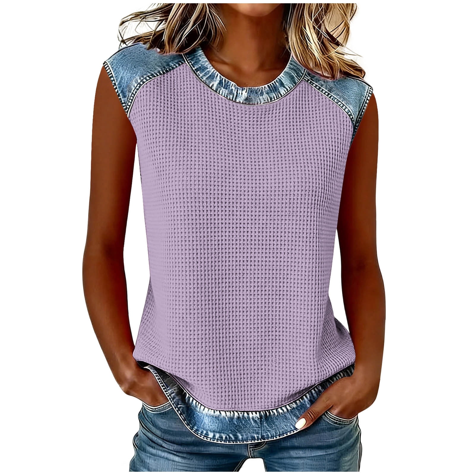 fatyb Womens Tank Tops Summer Sleeveless Patchwork Tops Crewneck ...