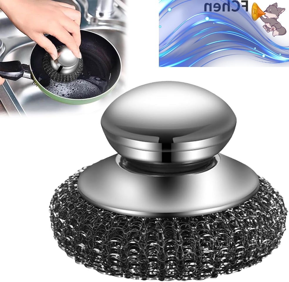 fchena Stainless Steel Wool Scrubber with Handle, Heavy Duty Scrubber ...