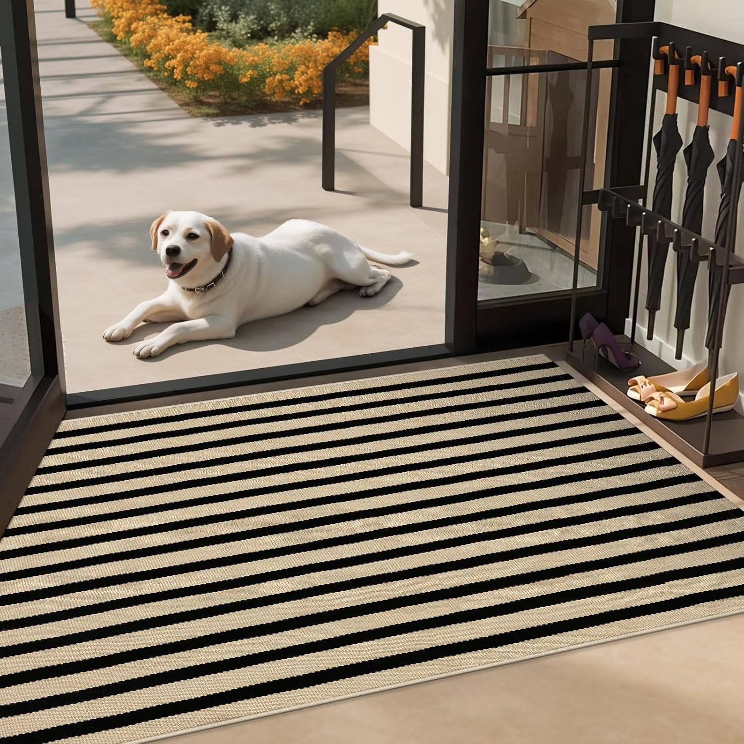 fcvyibo Black and White Striped Outdoor Area Rug 4x6 ft Washable Woven ...