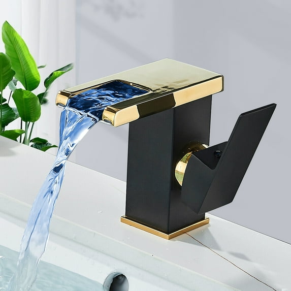 feetron Black&Gold LED Light Bathroom Faucet Waterfall Single Handle ...