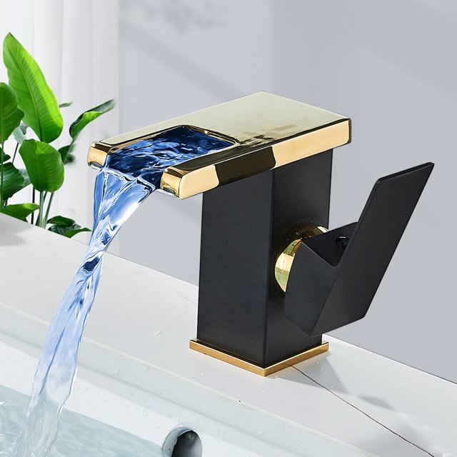 feetron Black&Gold LED Light Bathroom Faucet Waterfall Single Handle ...