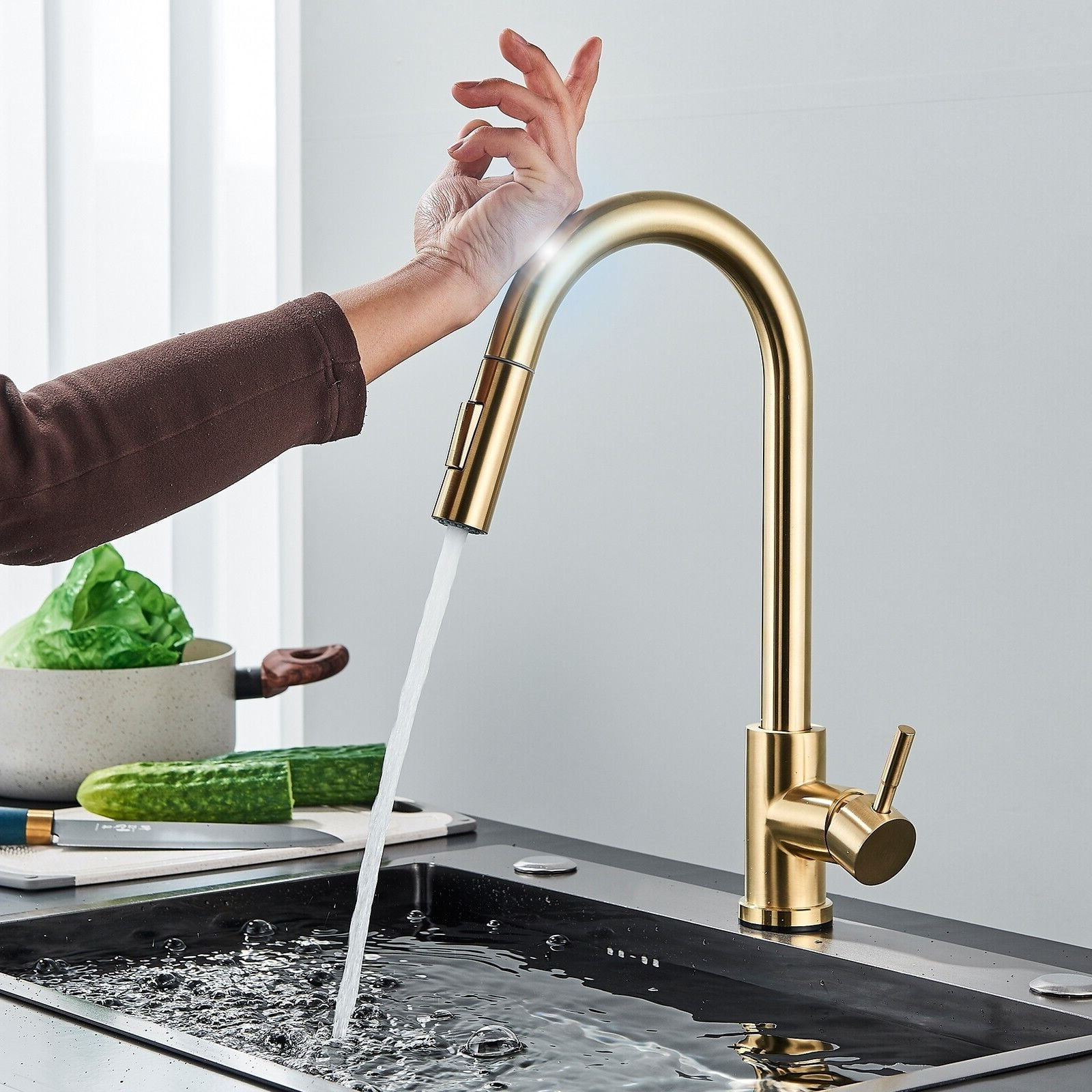 feetron Brushed Gold Kitchen Sink Faucet Touch On Sensor with Pull Down ...