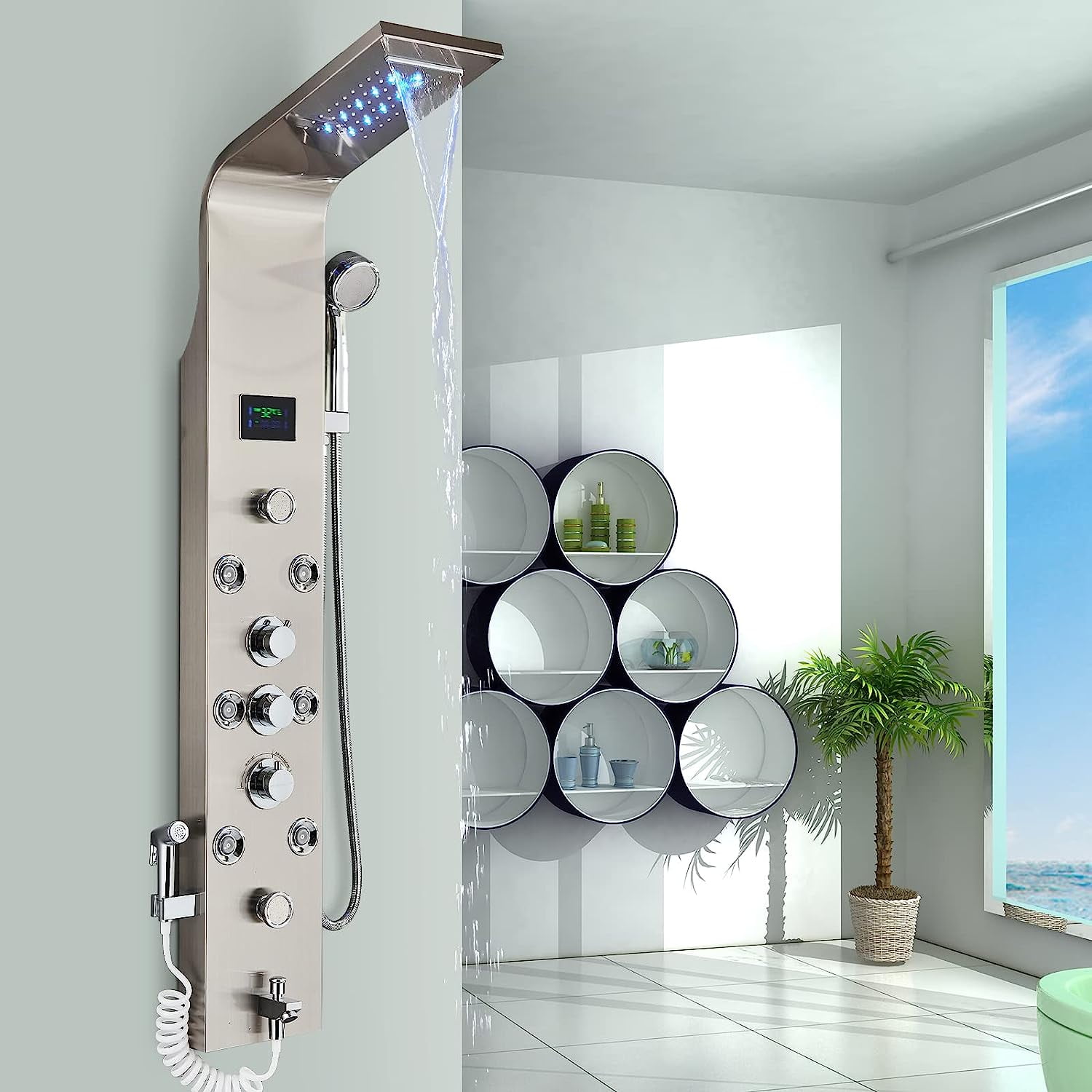 Feetron LED Shower Panel Tower, Rain&Waterfall Massage Jets, Stainless ...