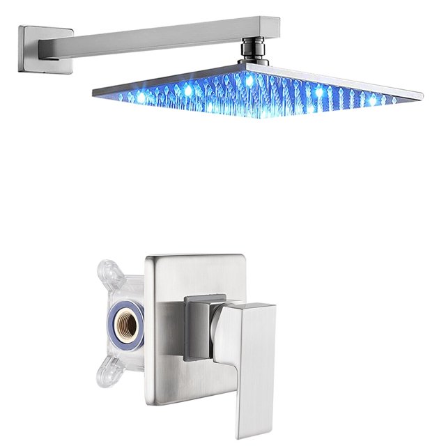 feetron Brushed Nickel Shower Faucet Set Rain Led Shower Head Combo ...