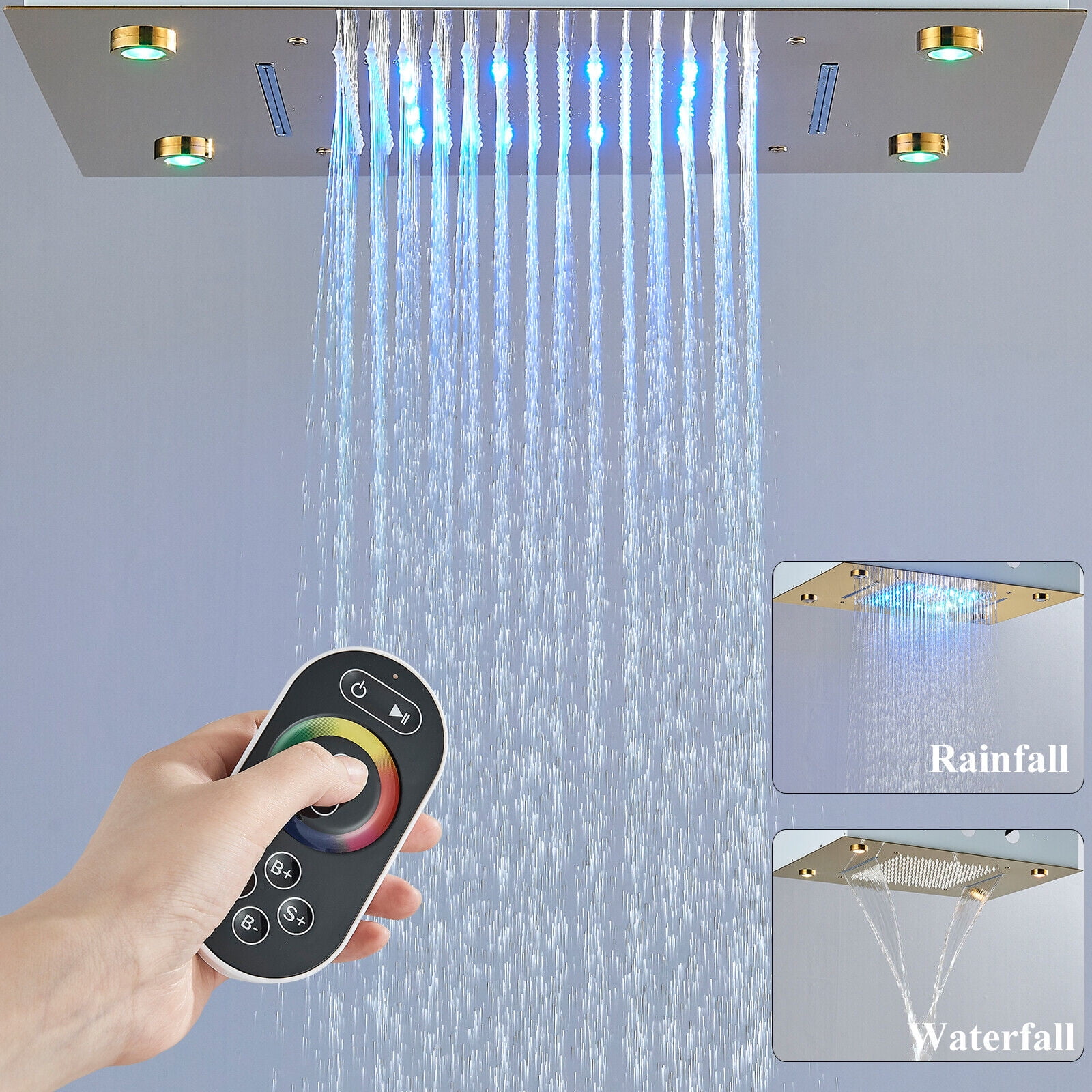feetron Gold Color Changing LED Rainfall Shower Head Overhead W/Remote ...