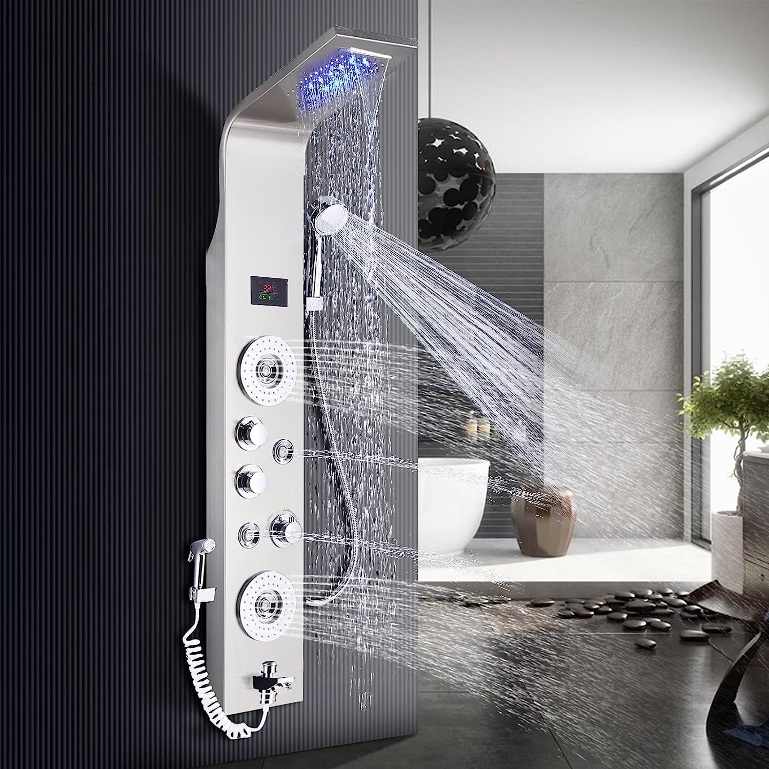 Feetron Stainless Steel LED Rainfall Shower Panel, Easy Installation ...