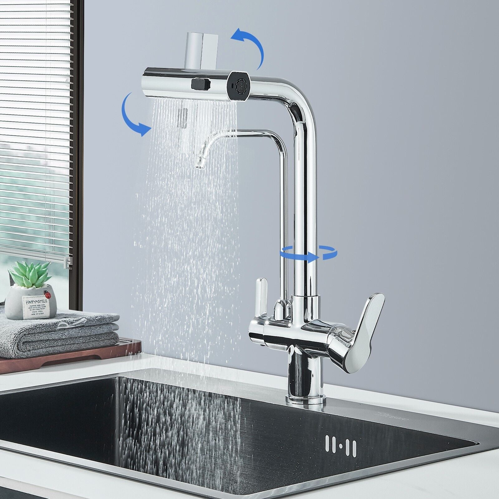 feetron Pull Out Kitchen Faucet 360° Spout 3 Way Water Filter Kitchen ...