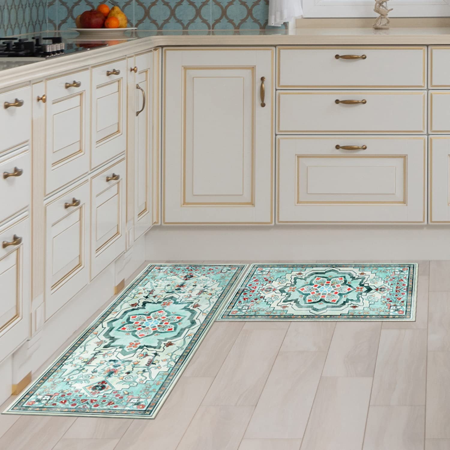 feisina Boho Turquoise Kitchen Mat, 17" x 47" + 17" x 30", Non-Slip (2 ...