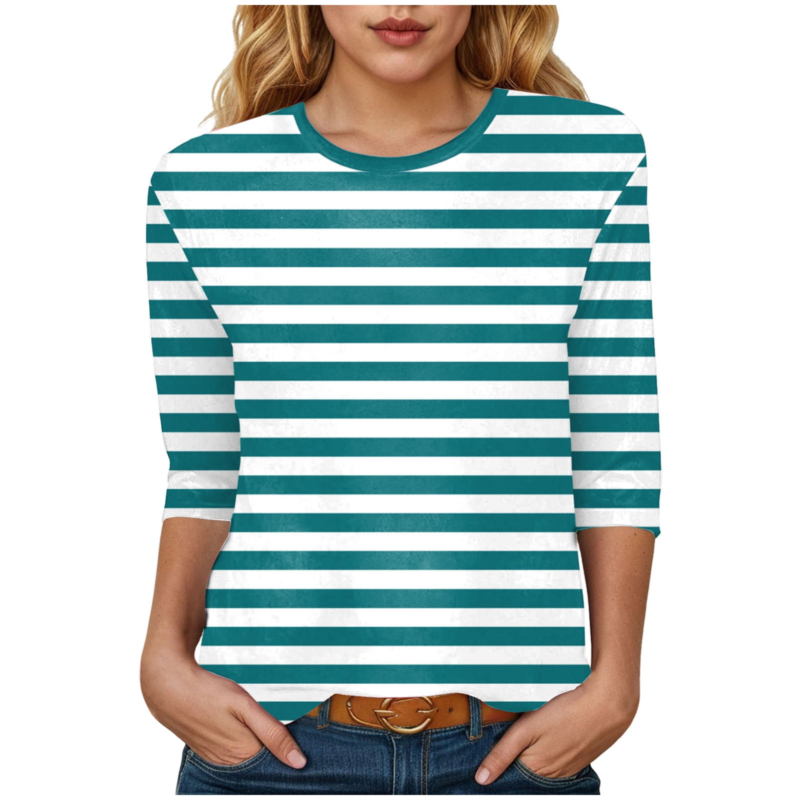 felwors 3/4 Sleeve Shirts for Women Spring Striped Crewneck Business ...