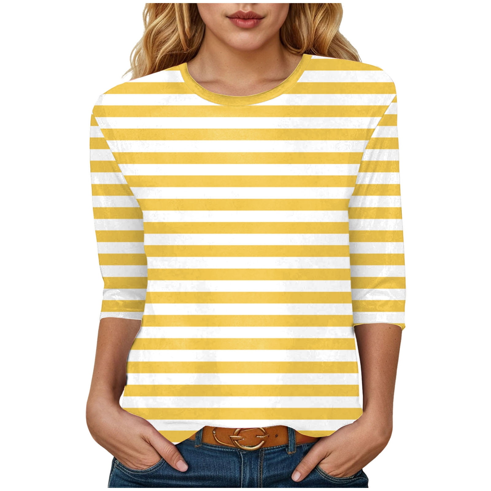 felwors 3/4 Sleeve Shirts for Women Spring Striped Crewneck Business ...