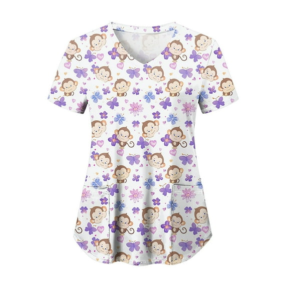 felwors Animal Scrub Tops Women Cute Cartoon Print Medical Scrub Tops ...