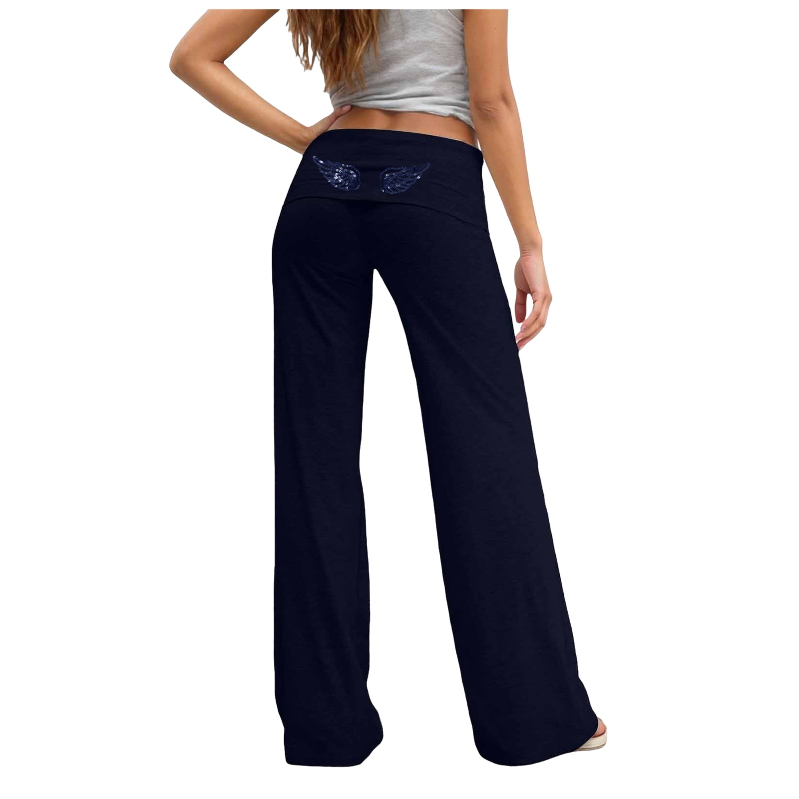 felwors Fold Over Yoga Pants for Women Angel Wings Low Rise Wide Leg ...