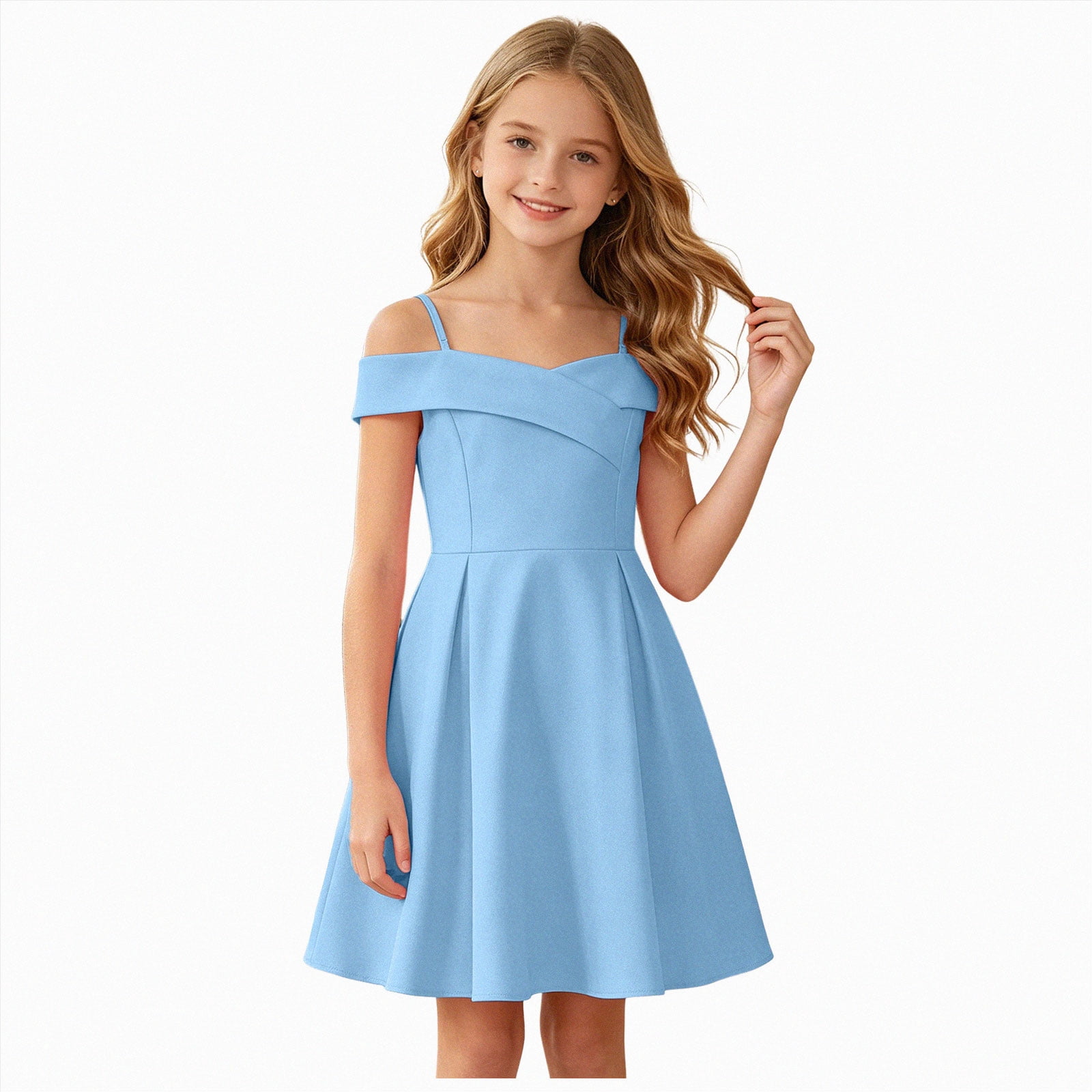 felwors Girls Summer Off Shoulder Fold Pleated Formal Elegant A-Line ...