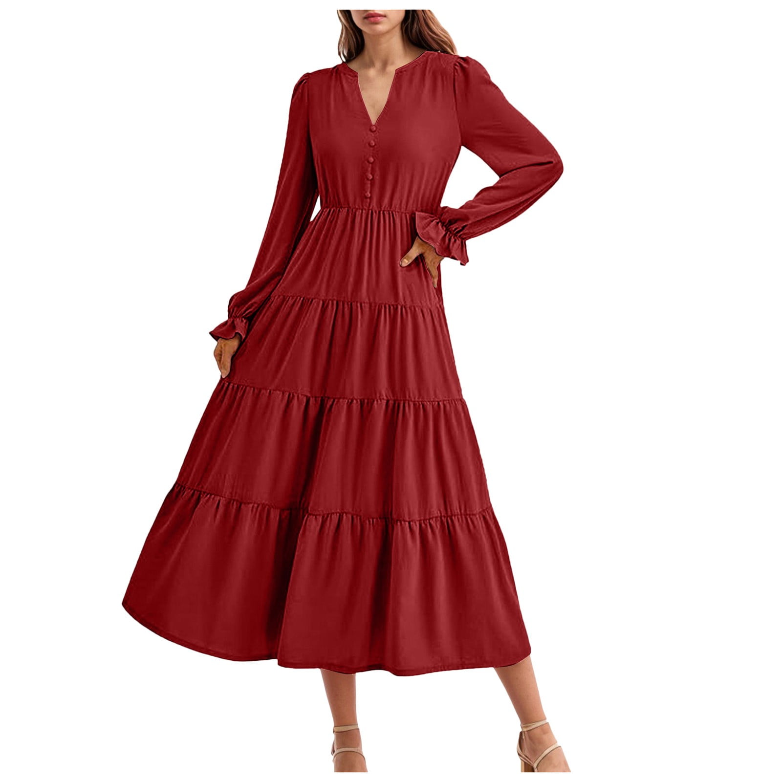 felwors Long Sleeve Dress for Women 2025 Fall V Neck Tiered Spring ...