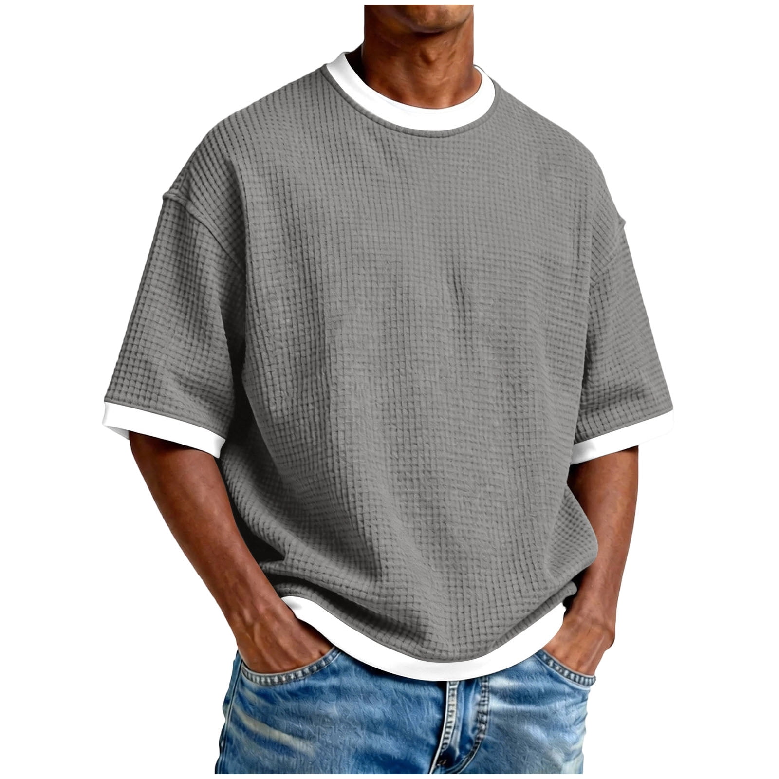 felwors Men's Waffle Knit T-Shirt Short Sleeve Casual Color Block ...