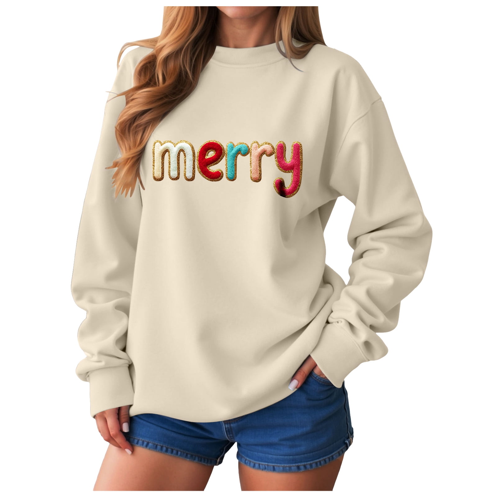 felwors Merry Christmas Sweatshirts for Women Colorful Letter Print ...