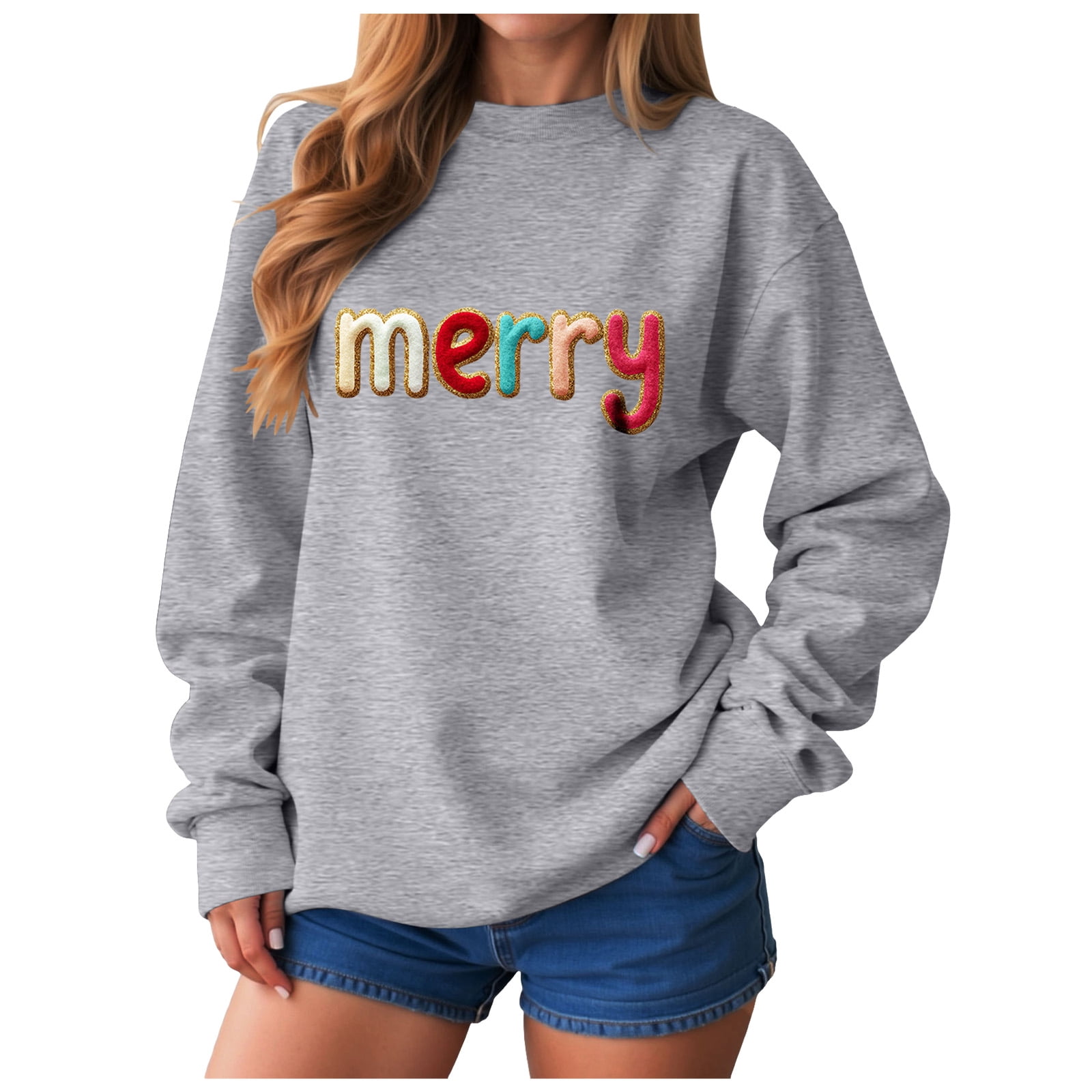 felwors Merry Christmas Sweatshirts for Women Colorful Letter Print ...