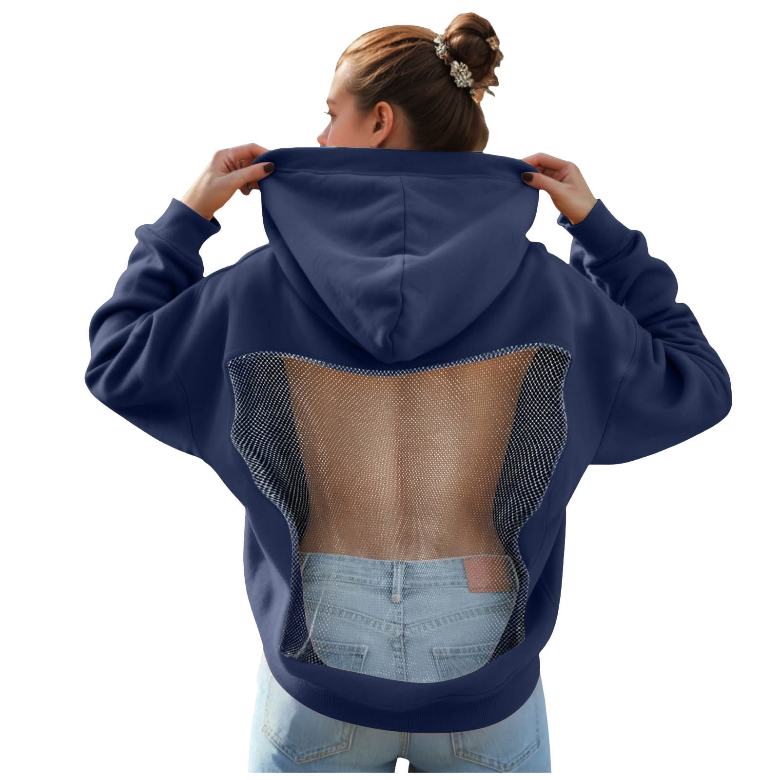 felwors Oversized Hollow Mesh Back Hoodie for Women - Crystal ...