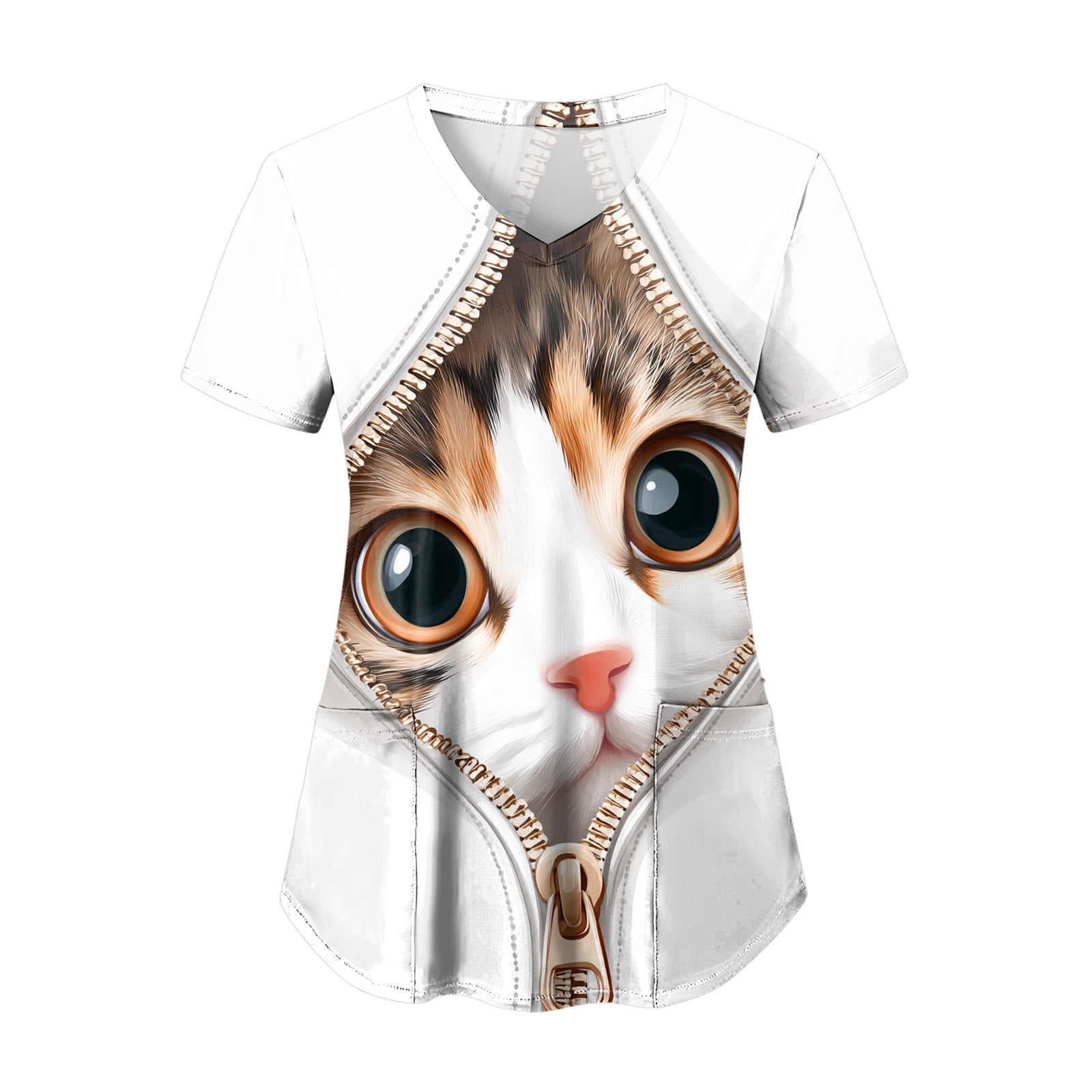 felwors Pet Print Scrub Tops Women Stretchy Short Sleeve Cute Animals ...