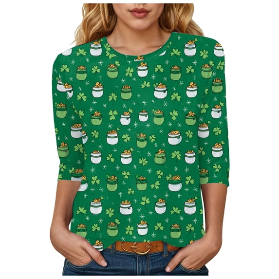 felwors Plus Size 3/4 Sleeve Tops for Women Bow Graphic Crewneck Casual ...