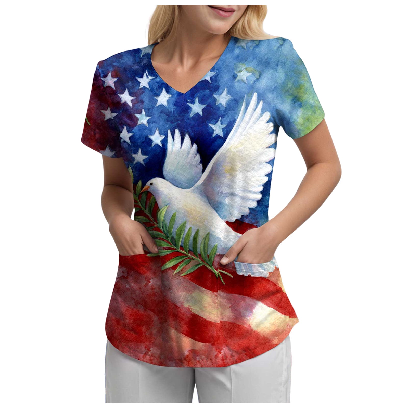 felwors Scrub Tops Women 4th of July American Print Scrubs Shirts V ...