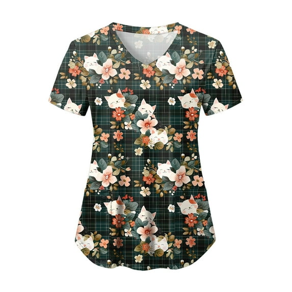 felwors Scrub Tops Women Funny Print V Neck Short Sleeve Shirts Stretch ...