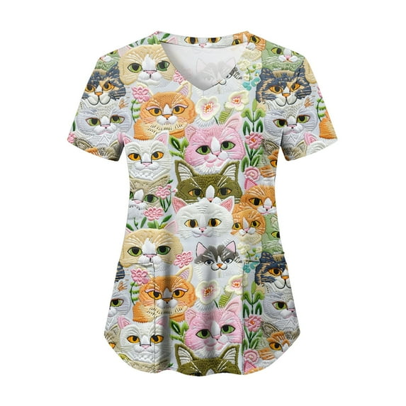 felwors Scrub Tops Women Funny Print V Neck Short Sleeve Shirts Stretch ...