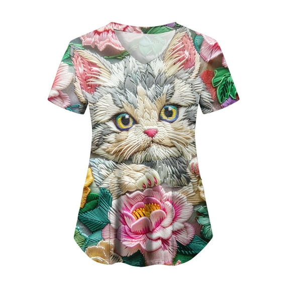 felwors Scrub Tops Women Funny Print V Neck Short Sleeve Shirts Stretch ...