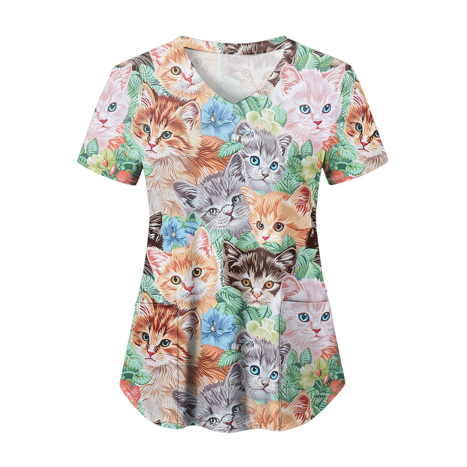 felwors Scrub Tops Women Funny Print V Neck Short Sleeve Shirts Stretch ...