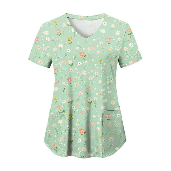 felwors Scrub Tops Women Short Sleeve Plus Size V-Neck Fun Printed ...