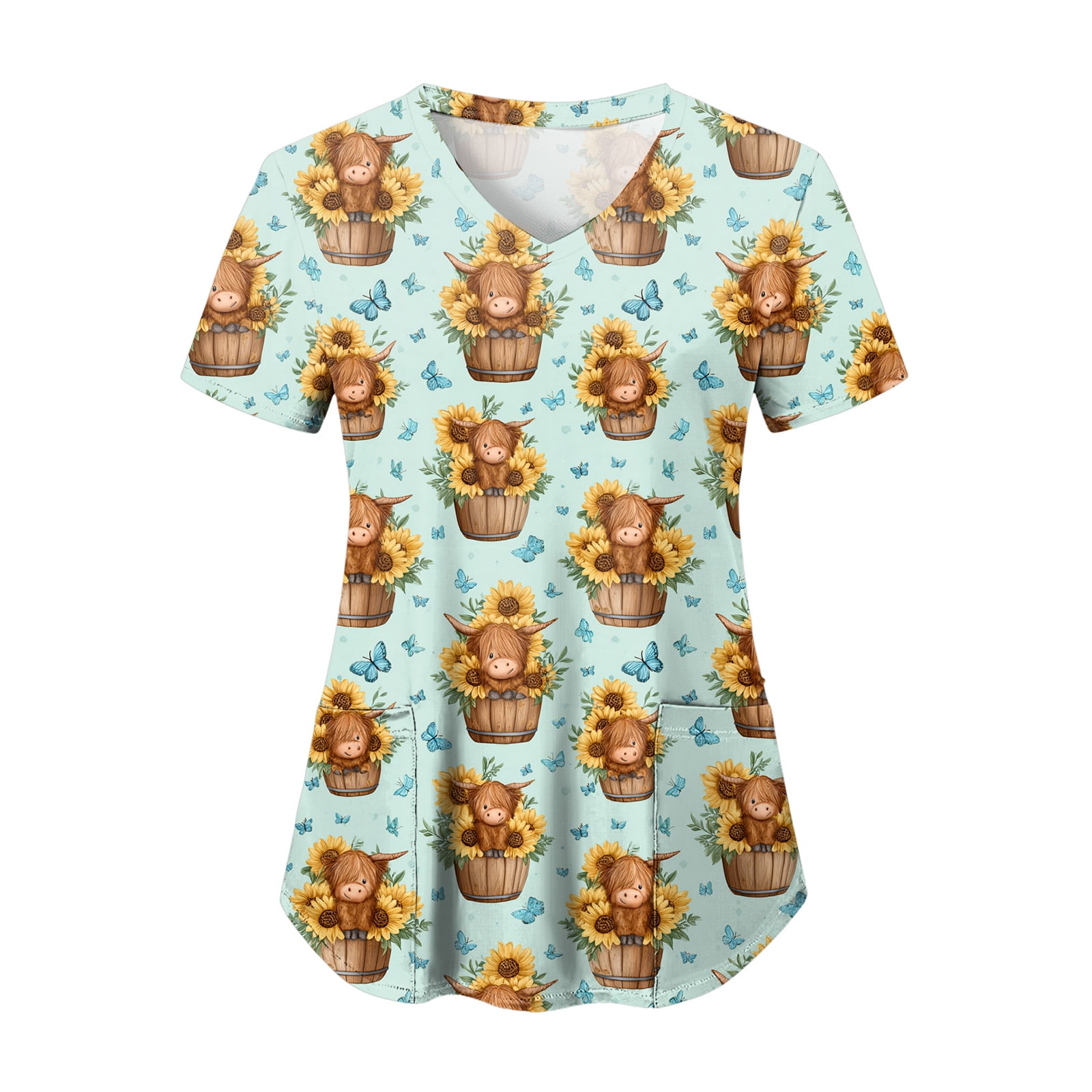 felwors Scrubs for Women Animal Print Tops Short Sleeve Cartoon Pattern ...