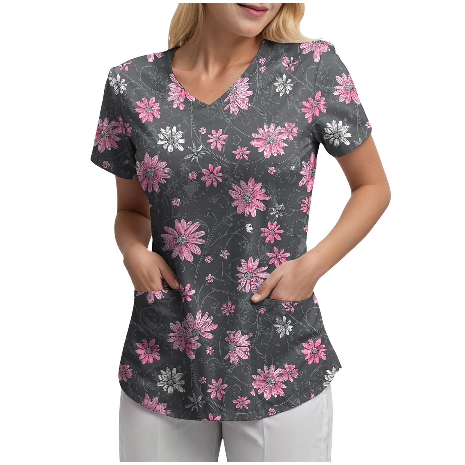 felwors Scrubs for Women Tops Animal Print Shirt V Neck Cartoon Pattern ...