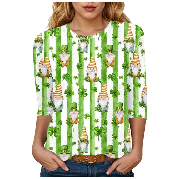 felwors St Patricks Day Shirt Women 3/4 Sleeve Tie Dye Four-Leaf Clover ...