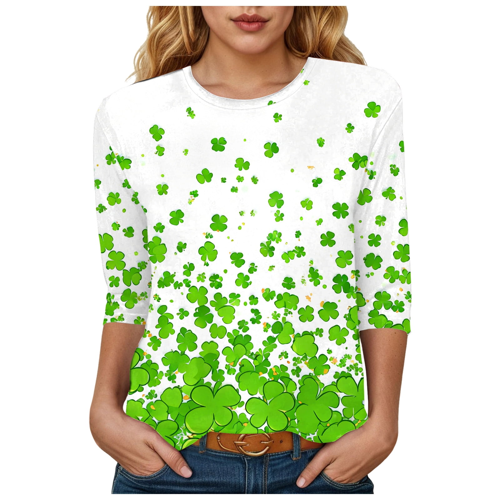 felwors St Patricks Day Shirt Women 3/4 Sleeve Tie Dye Four-Leaf Clover ...