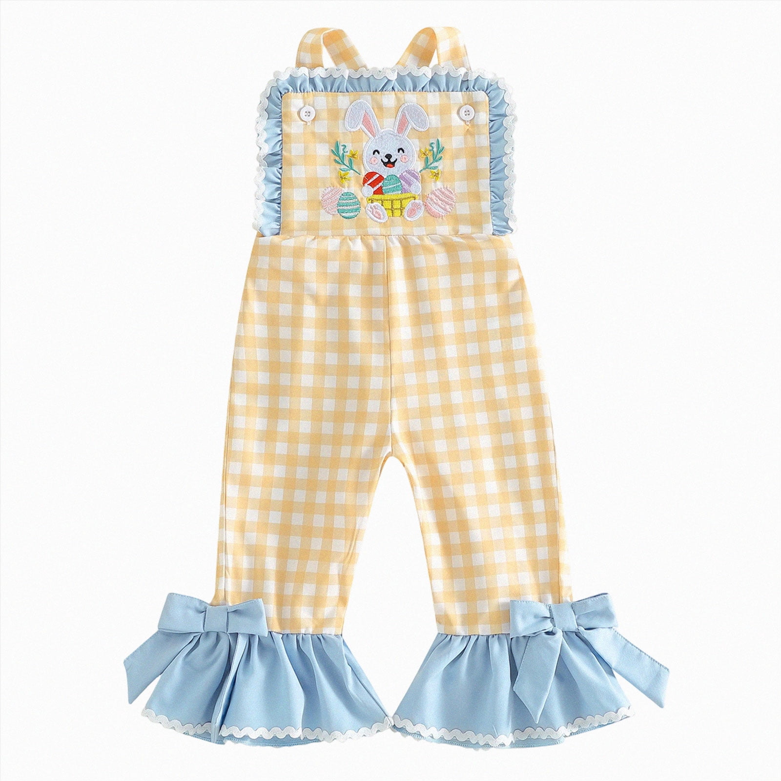 felwors Toddler Girl Outfit Bunny Overalls Plaid Ruffle Bell-Bottom ...