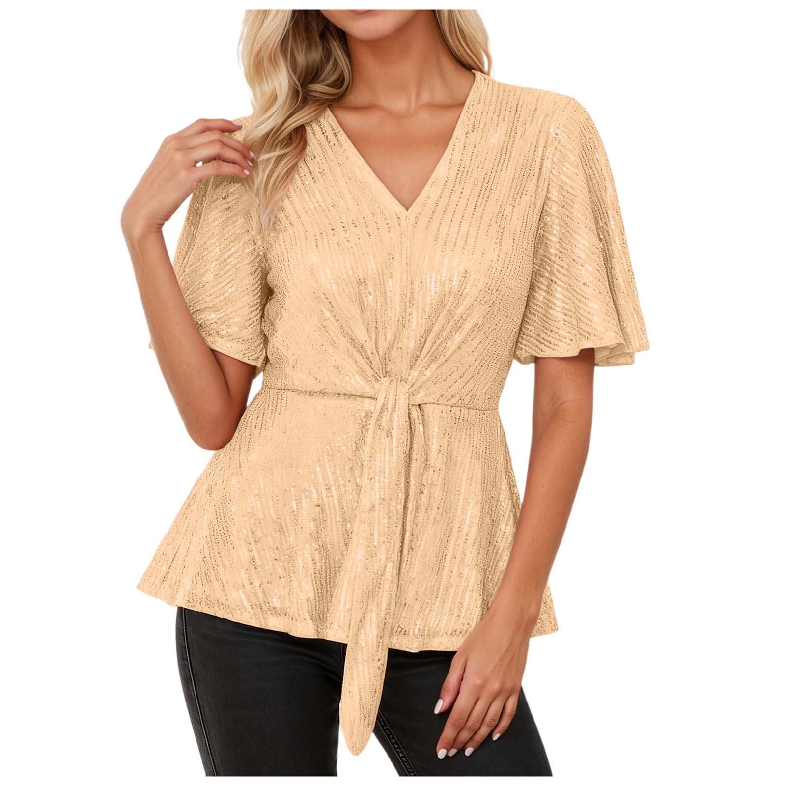 felwors Tops for Women Party Night Elegant Sequin Top V Neck Tie Front ...