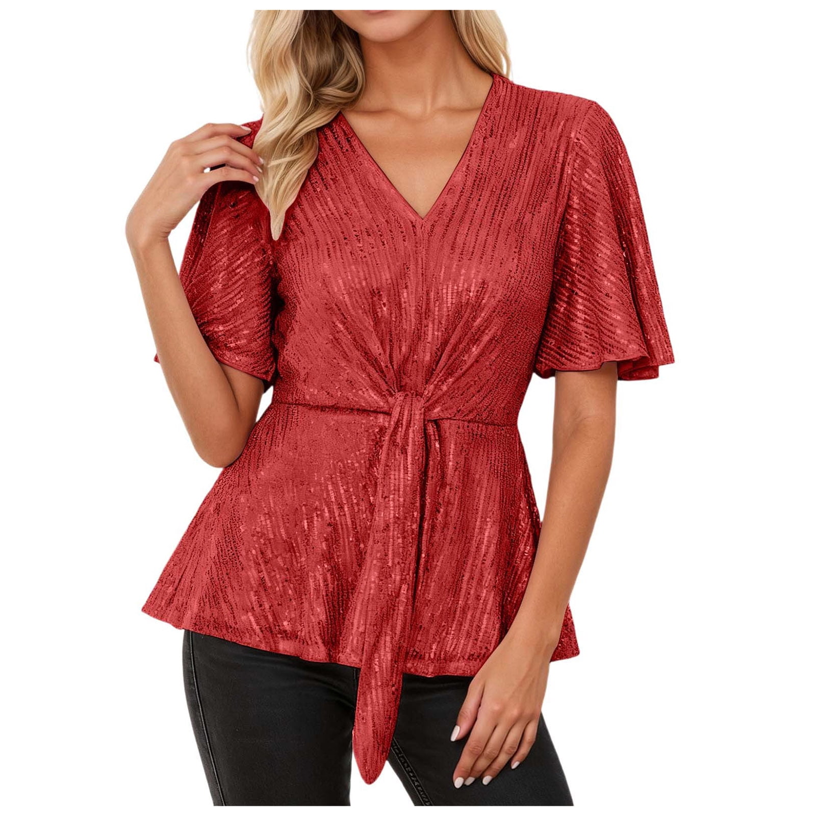felwors Tops for Women Party Night Elegant Sequin Top V Neck Tie Front ...