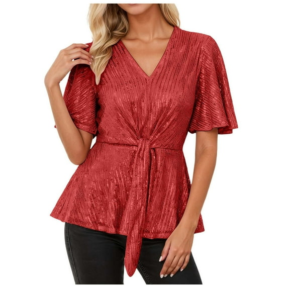 felwors Tops for Women Party Night Elegant Sequin Top V Neck Tie Front ...
