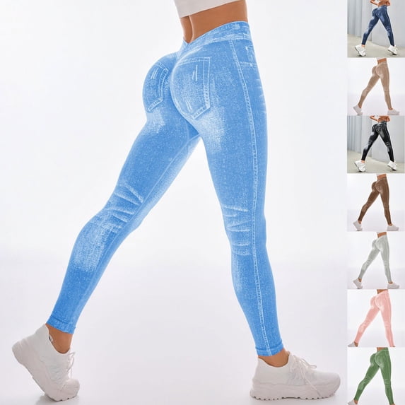 felwors V Back Faux Denim Jeggings for Women Butt Lifting Tummy Control ...