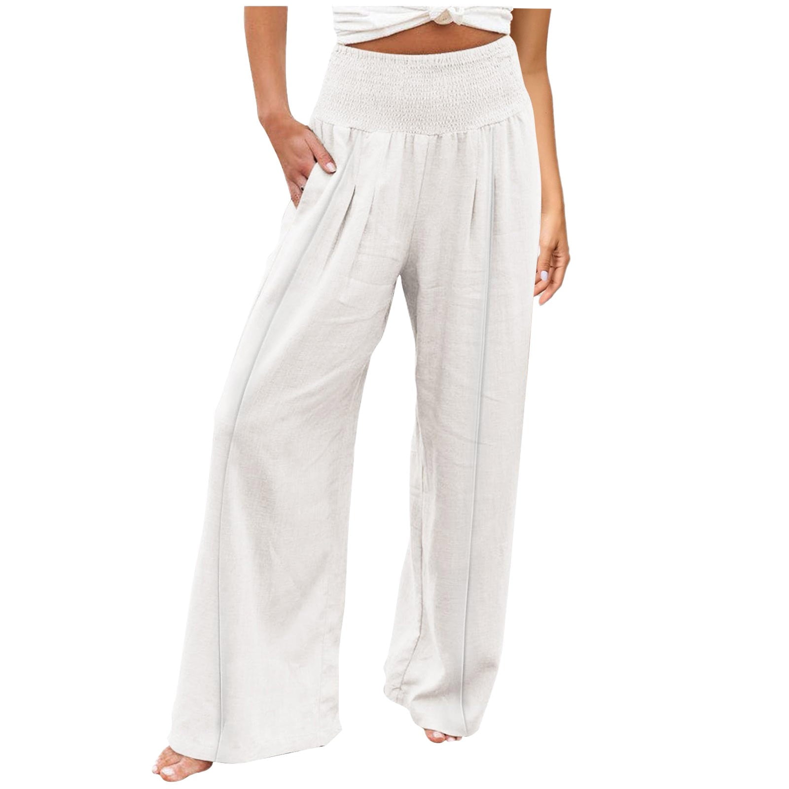 felwors Wide Leg Linen Pants Women High Waisted Boho Beach Flowy Pant ...