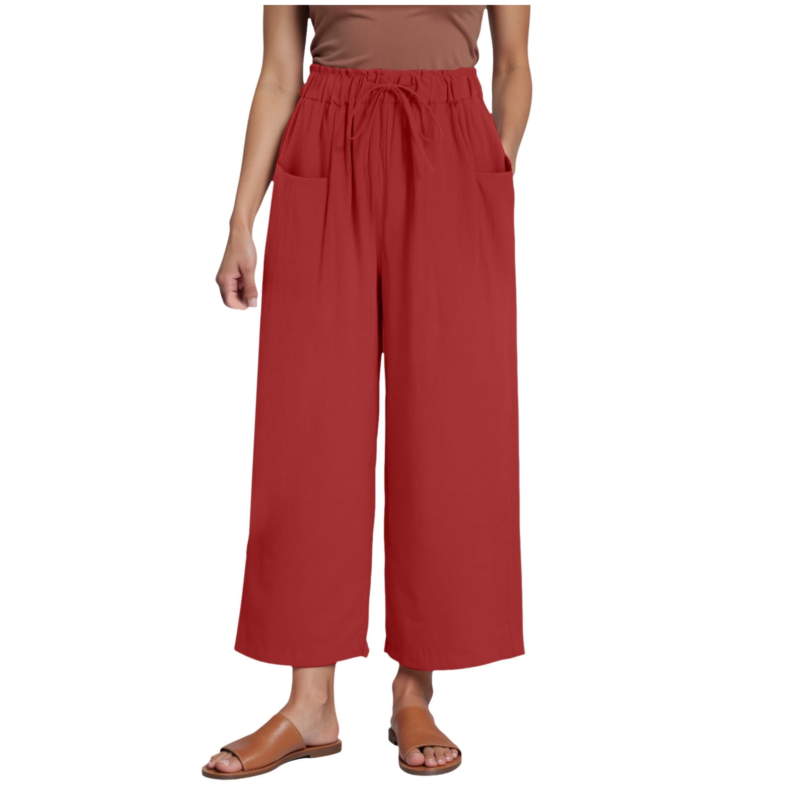 felwors Wide Leg Linen Pants Women Palazzo Flowy Beach Casual Loose ...