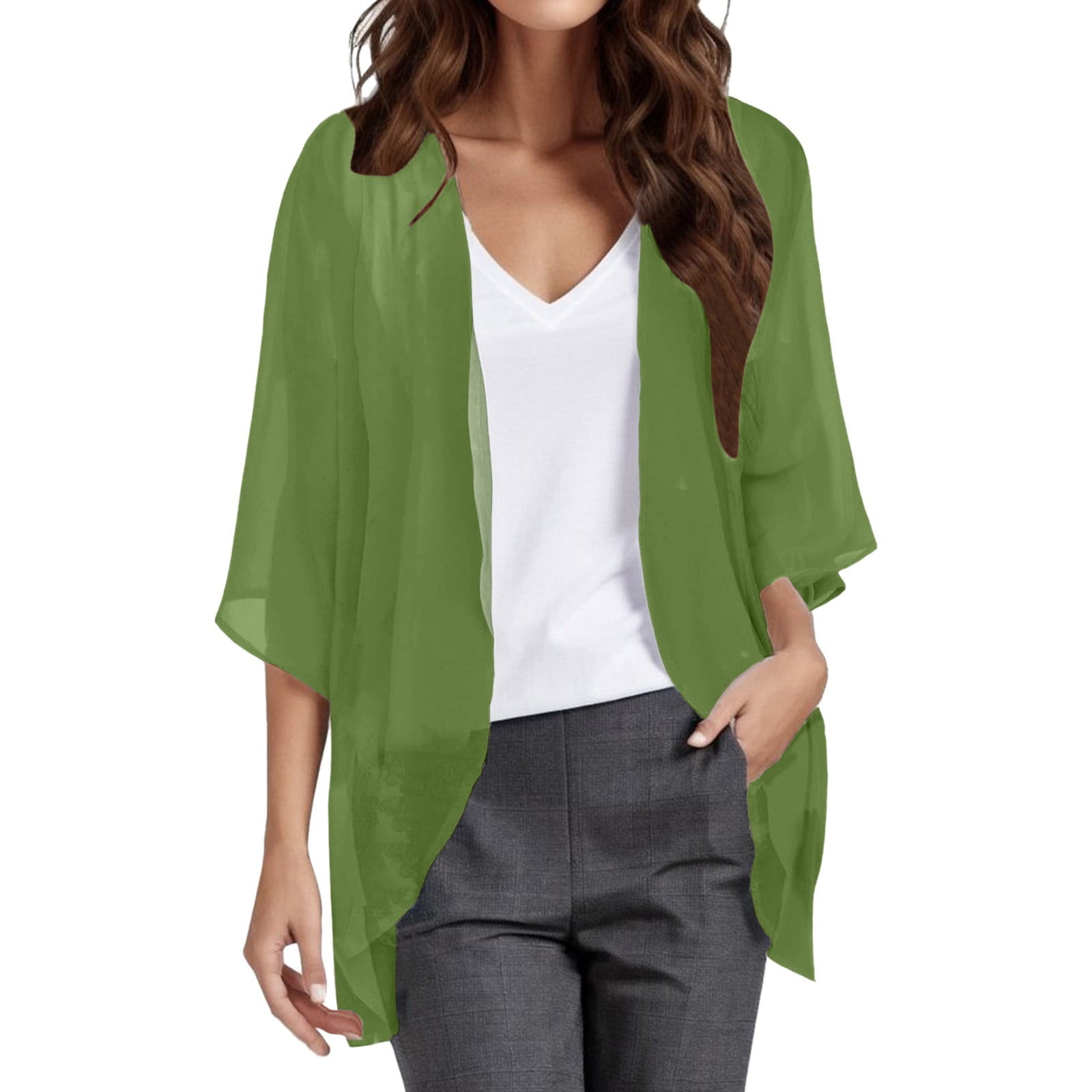 felwors Women Chiffon Kimono Cardigan,Dressy 3/4 Sleeve Chiffon Open ...