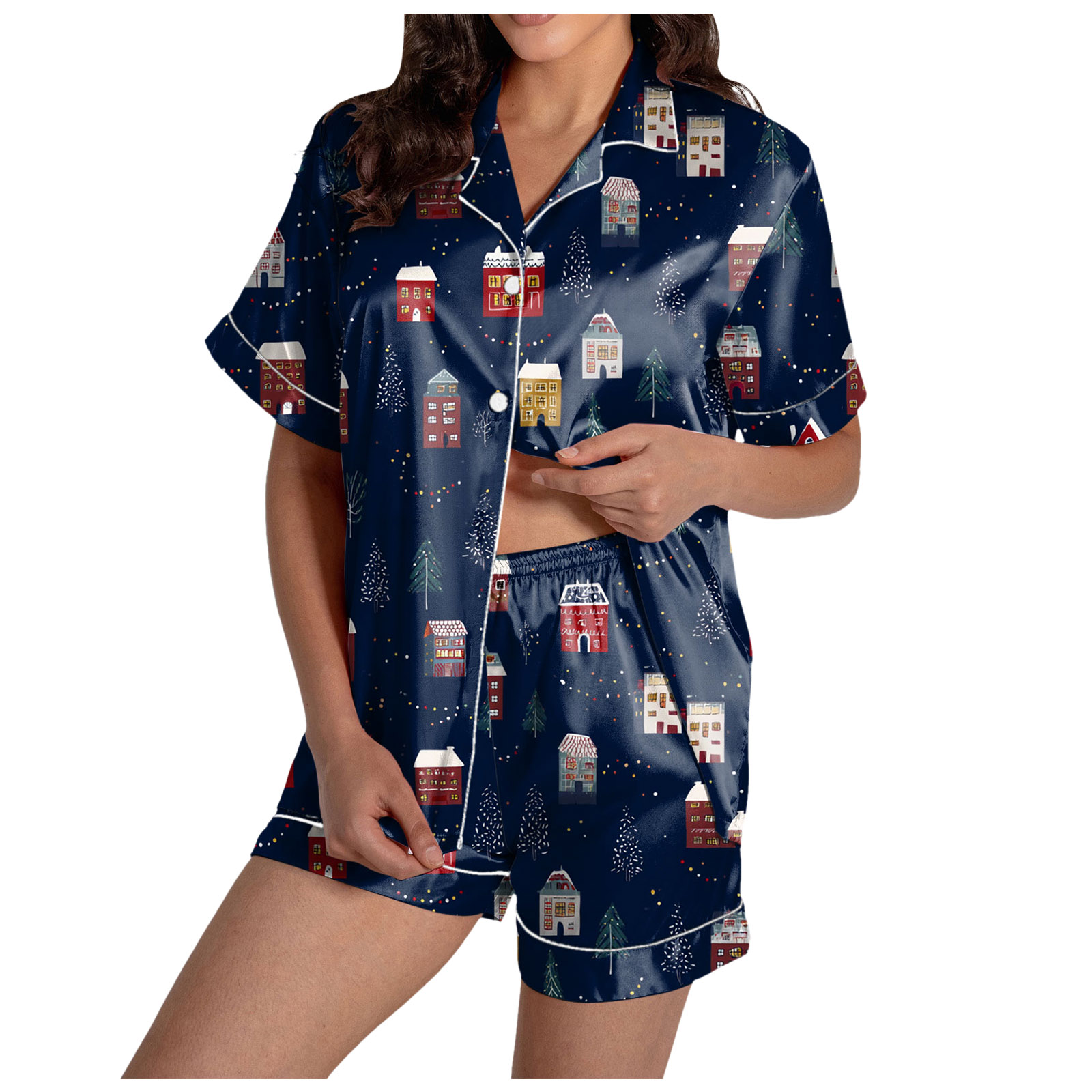 felwors Women Christmas Pajamas Set Silk Satin Short Sleeve Button Down ...