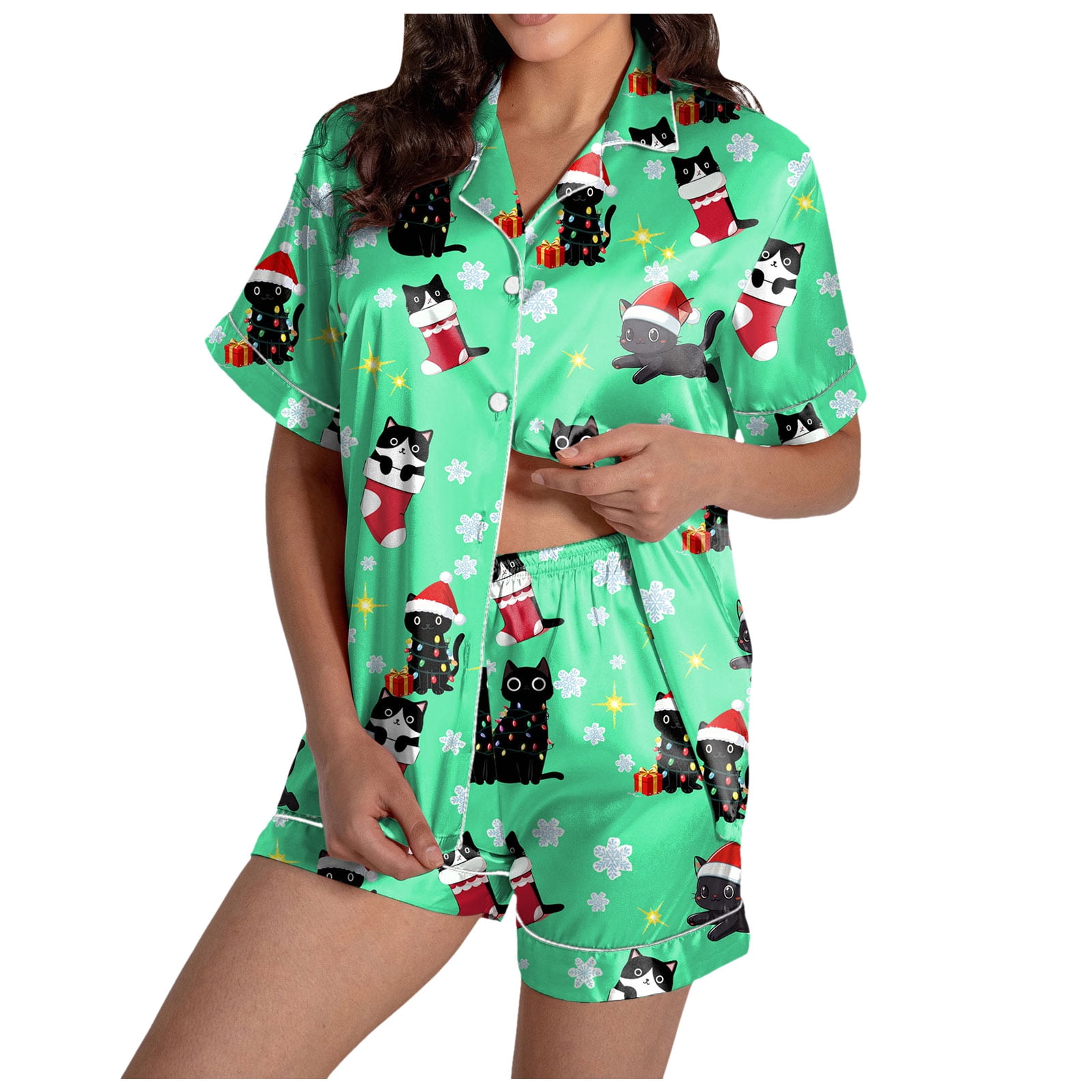 felwors Women Christmas Pajamas Set Silk Satin Short Sleeve Button Down ...