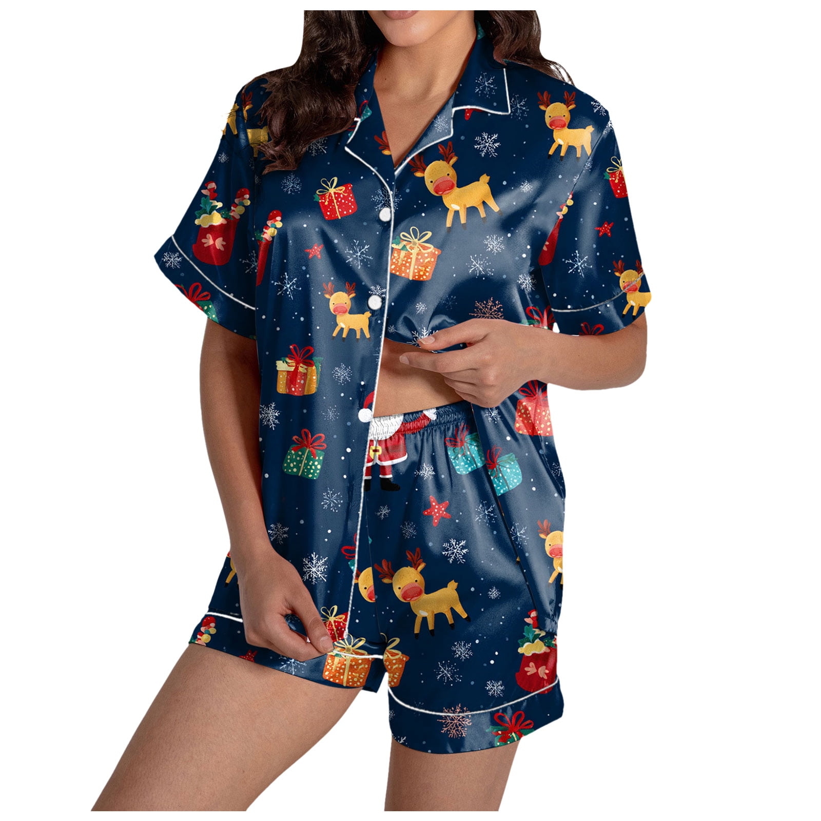 felwors Women Christmas Pajamas Set Silk Satin Short Sleeve Button Down ...