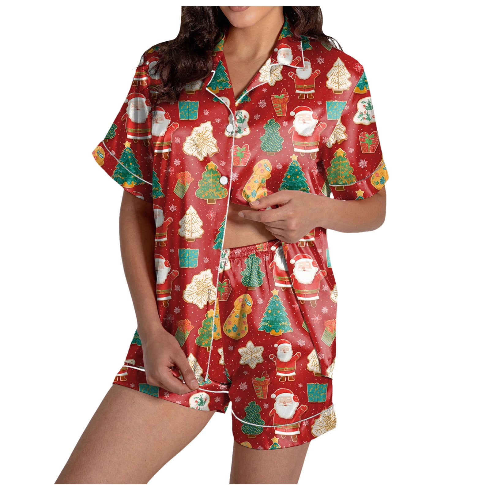 felwors Women Christmas Pajamas Set Silk Satin Short Sleeve Button Down ...