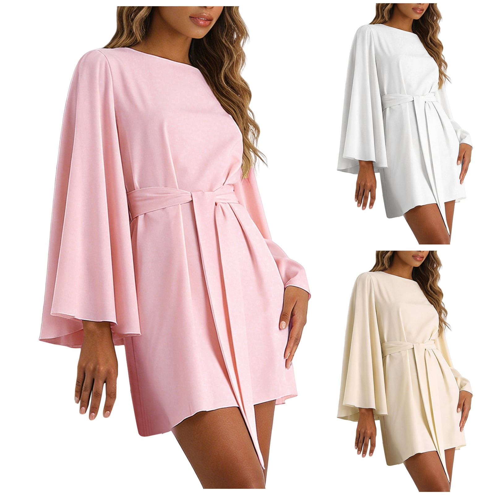 felwors Women Flared Long Sleeve Mini Dress Elegant Crew Neck Tie Waist ...