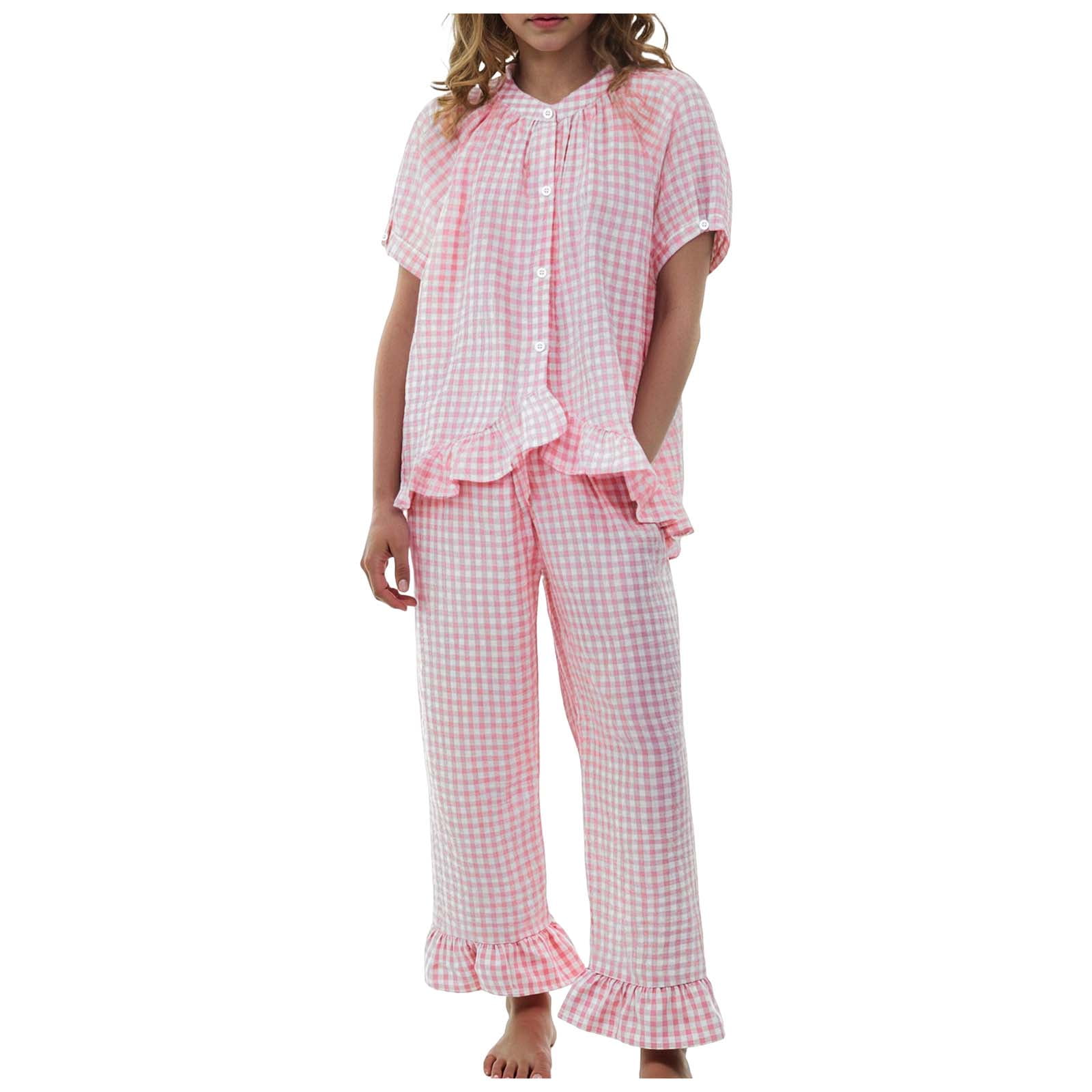 felwors Women Plaid 2 Piece Pajama Set Button Down Puff Sleeve Shirt ...